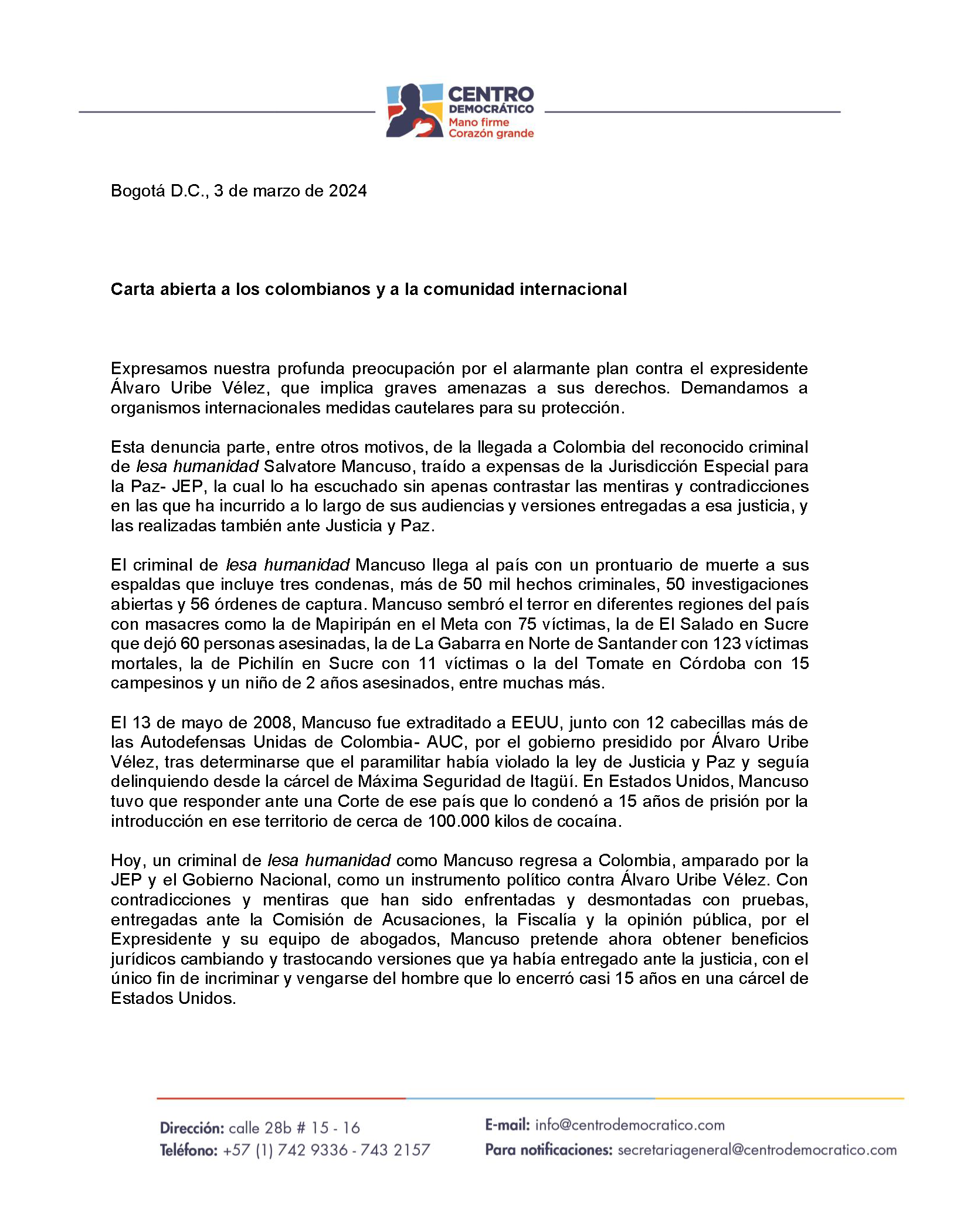Centro Democrático Denuncia Plan En Contra De álvaro Uribe Vélez