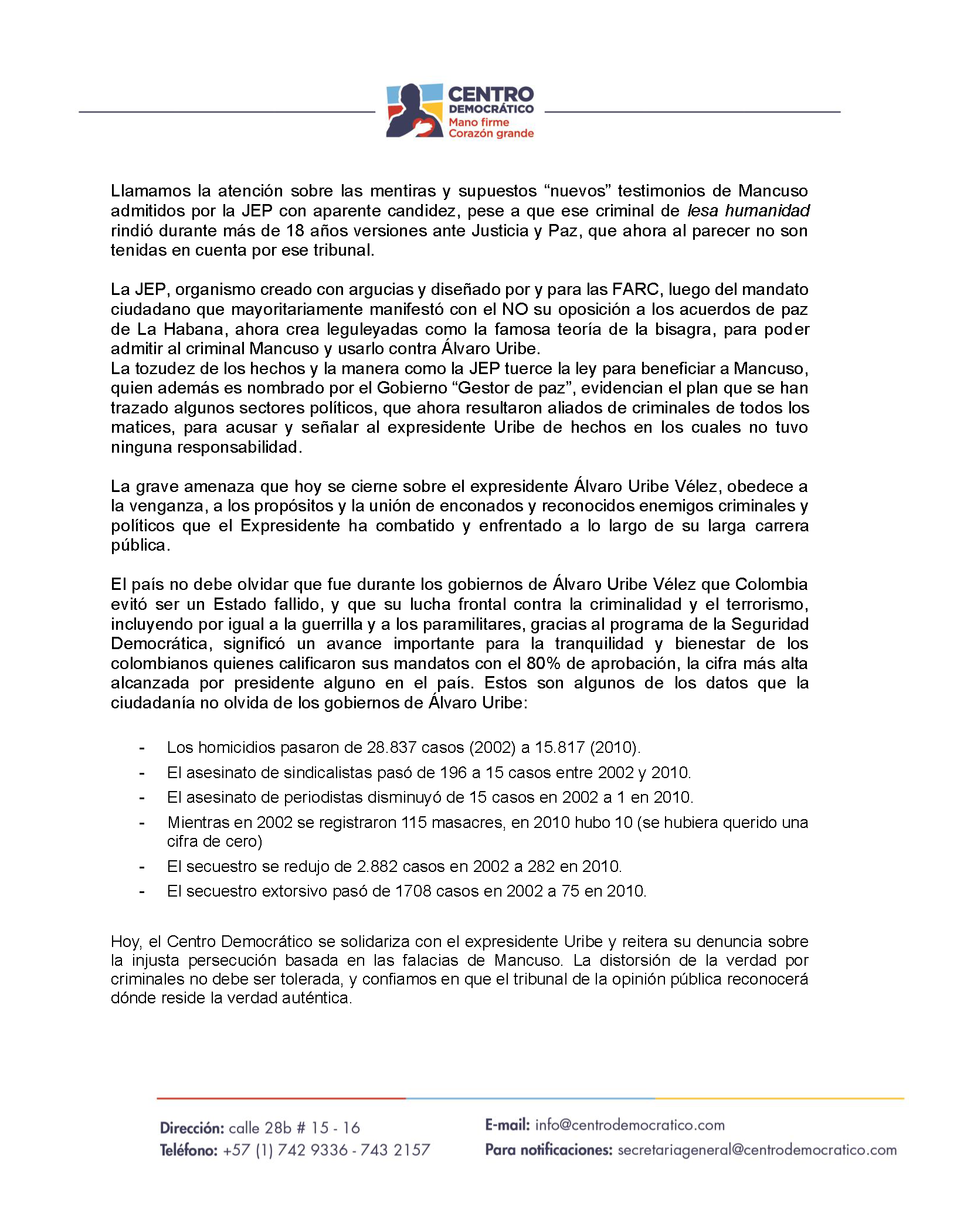 Centro Democrático Denuncia Plan En Contra De álvaro Uribe Vélez